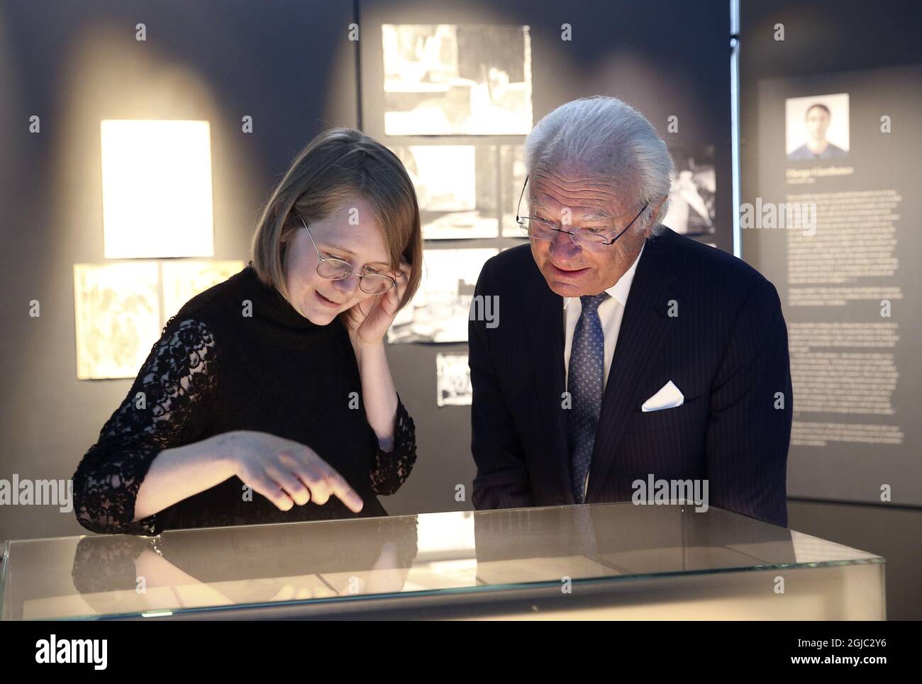King Carl Gustaf with artist Evelina Holmberg during o the inauguration ...
