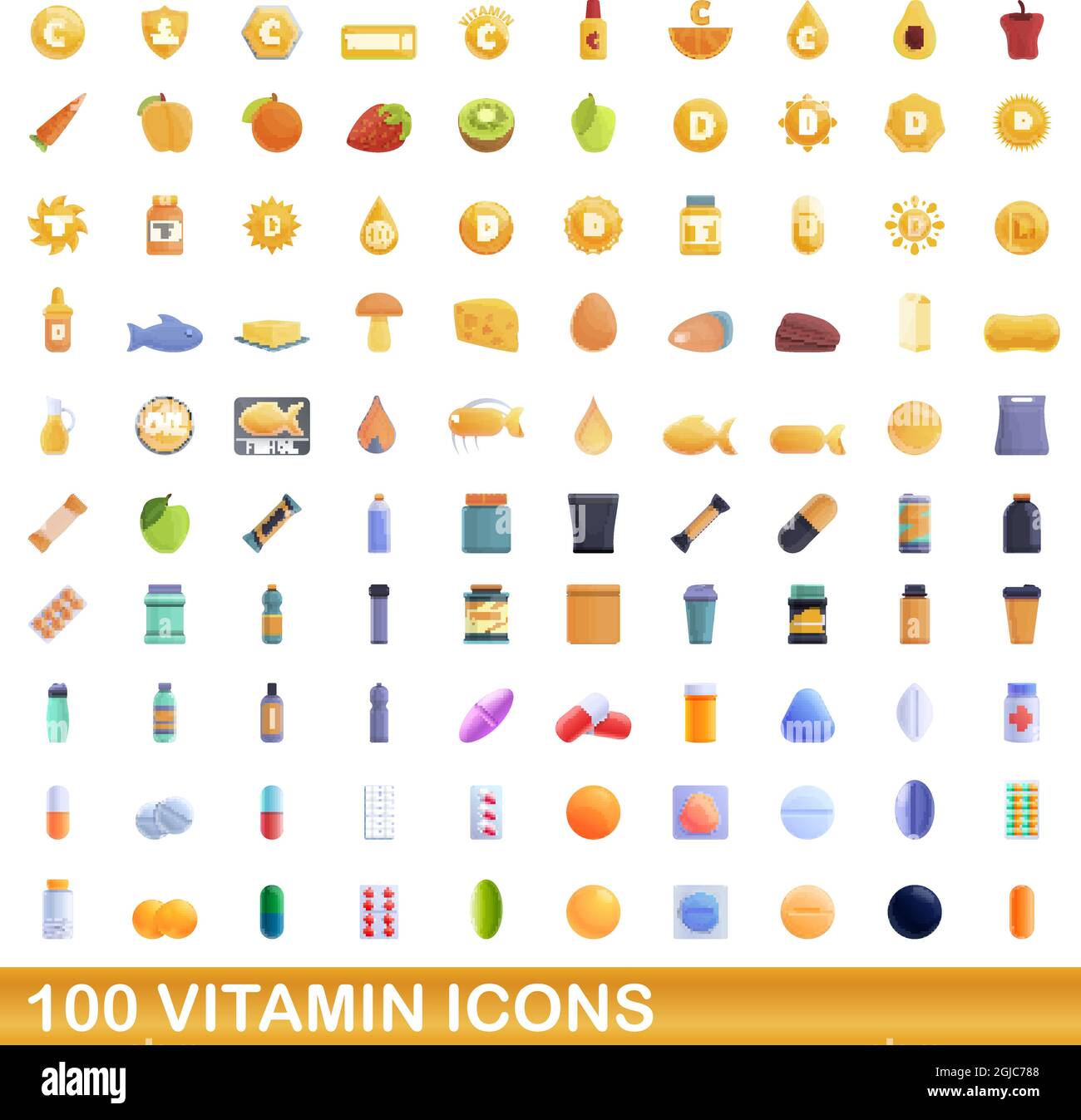 100 vitamin icons set. Cartoon illustration of 100 vitamin icons vector ...
