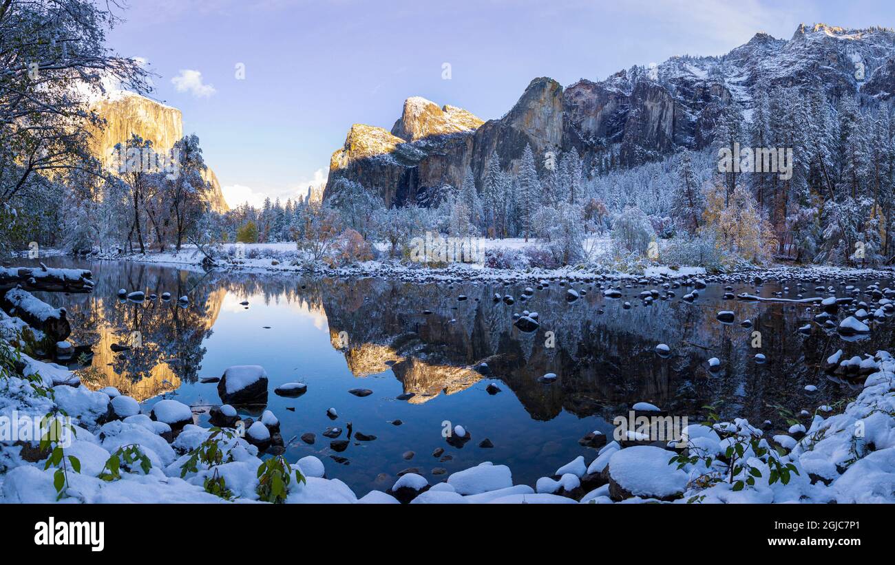 Merced River. Autumn first snow in Yosemite National Park, California ...