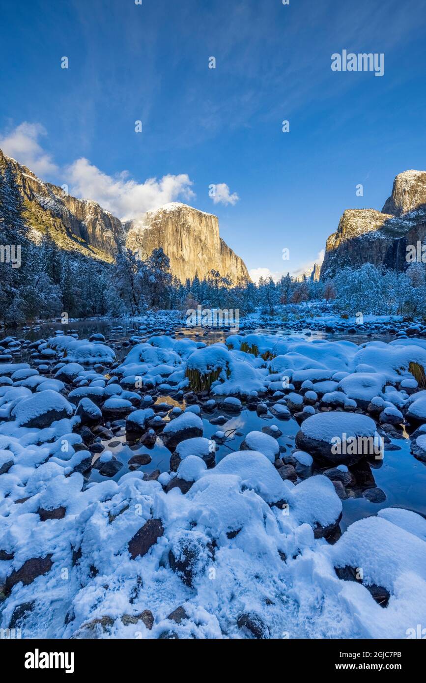 Merced River. Autumn first snow in Yosemite National Park, California ...