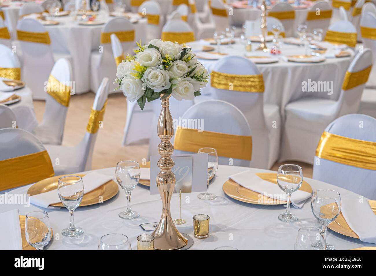 Banquet Table arrangement for party celebration in a hall Stock Photo ...