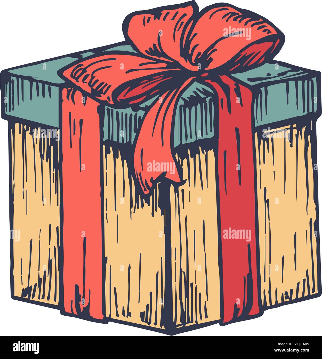 Hand Drawn Square Christmas Present Gift Box with Ribbon Color Vector ...