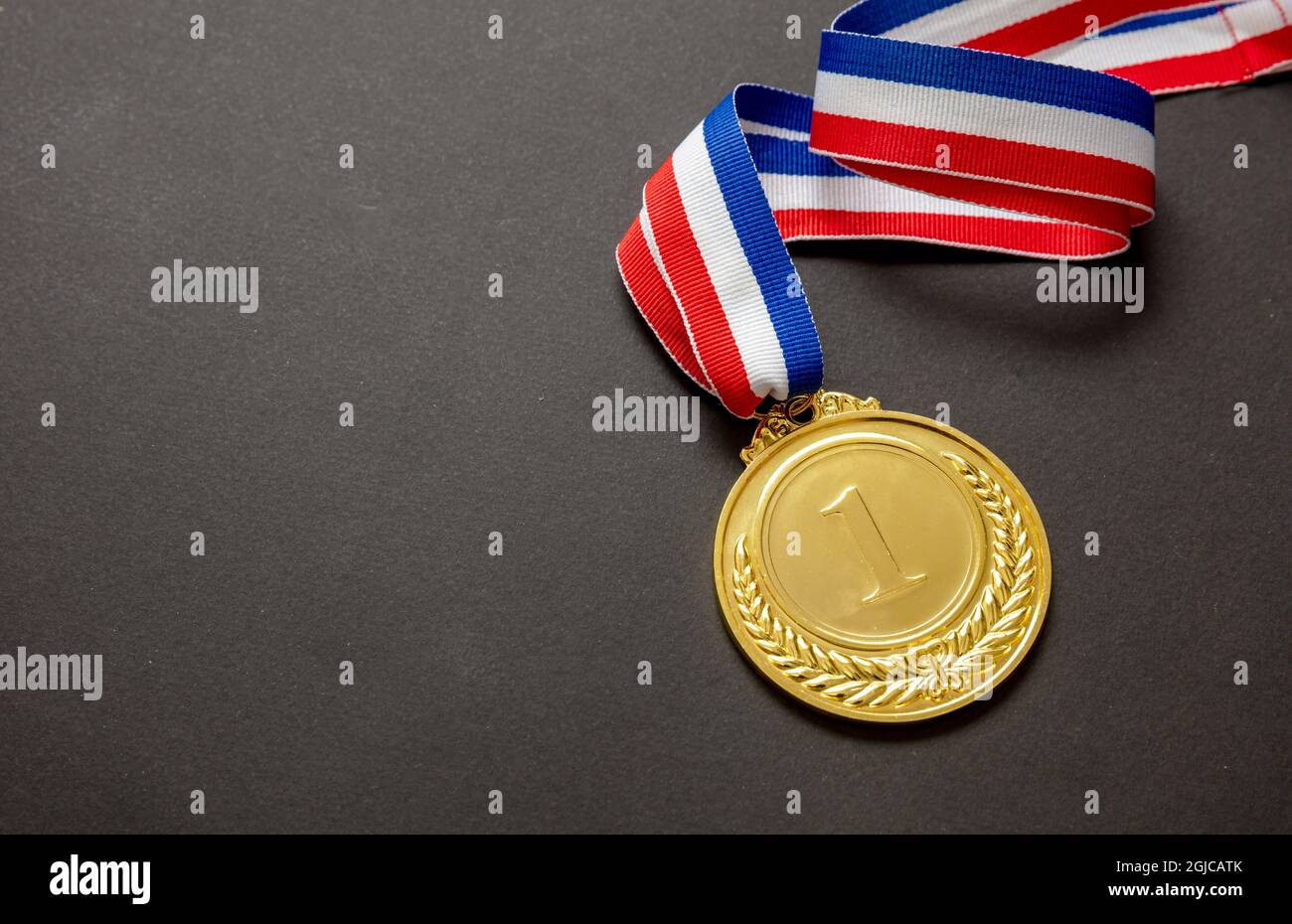 Medal gold, Winner prize award and red blue color ribbon. Athlete ...