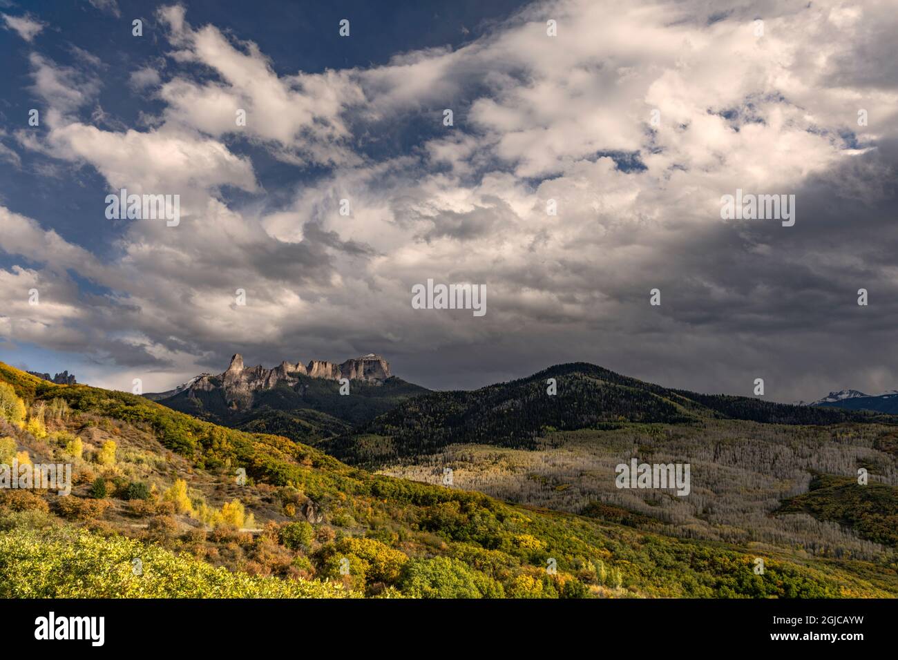 Chimney Rock and Courthouse Mountain, Cimarron Range, near Ridgeway ...