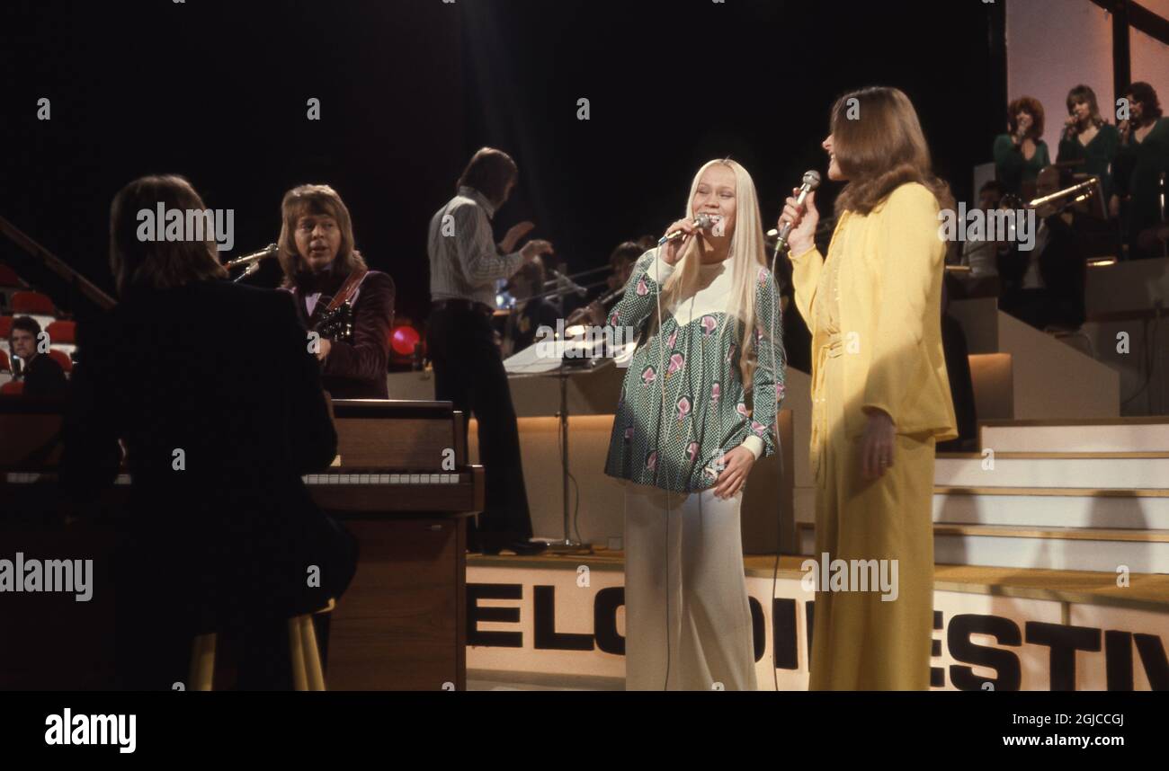 Benny Andersson, Bjorn Ulvaeus, Agnetha Faltskog, Anni-Frid Lyngstad, of ABBA during the Swedish ...