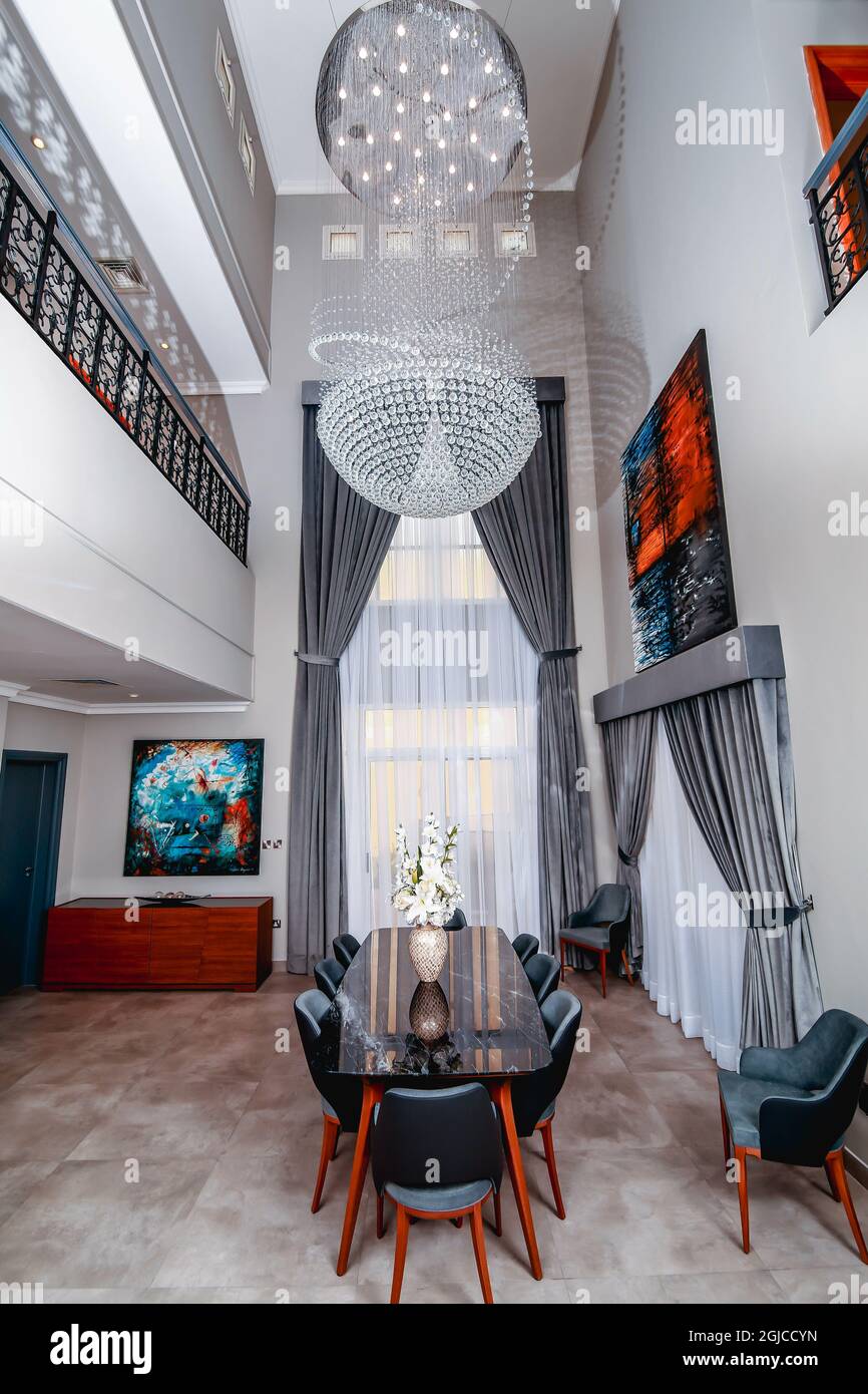 DOHA, QATAR - Oct 07, 2018: The stylish dining room interior of the ...