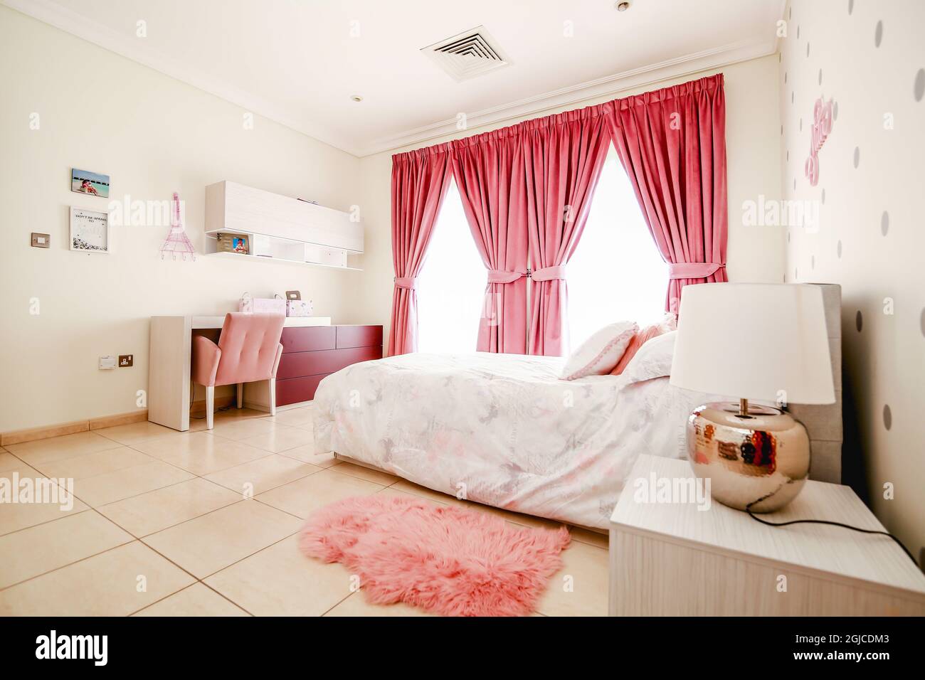 DOHA, QATAR - Oct 07, 2018: The bedroom interior in a cozy style with a ...