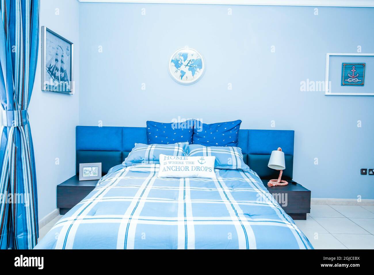 DOHA, QATAR - Oct 07, 2018: The bedroom interior in a cozy style with a ...