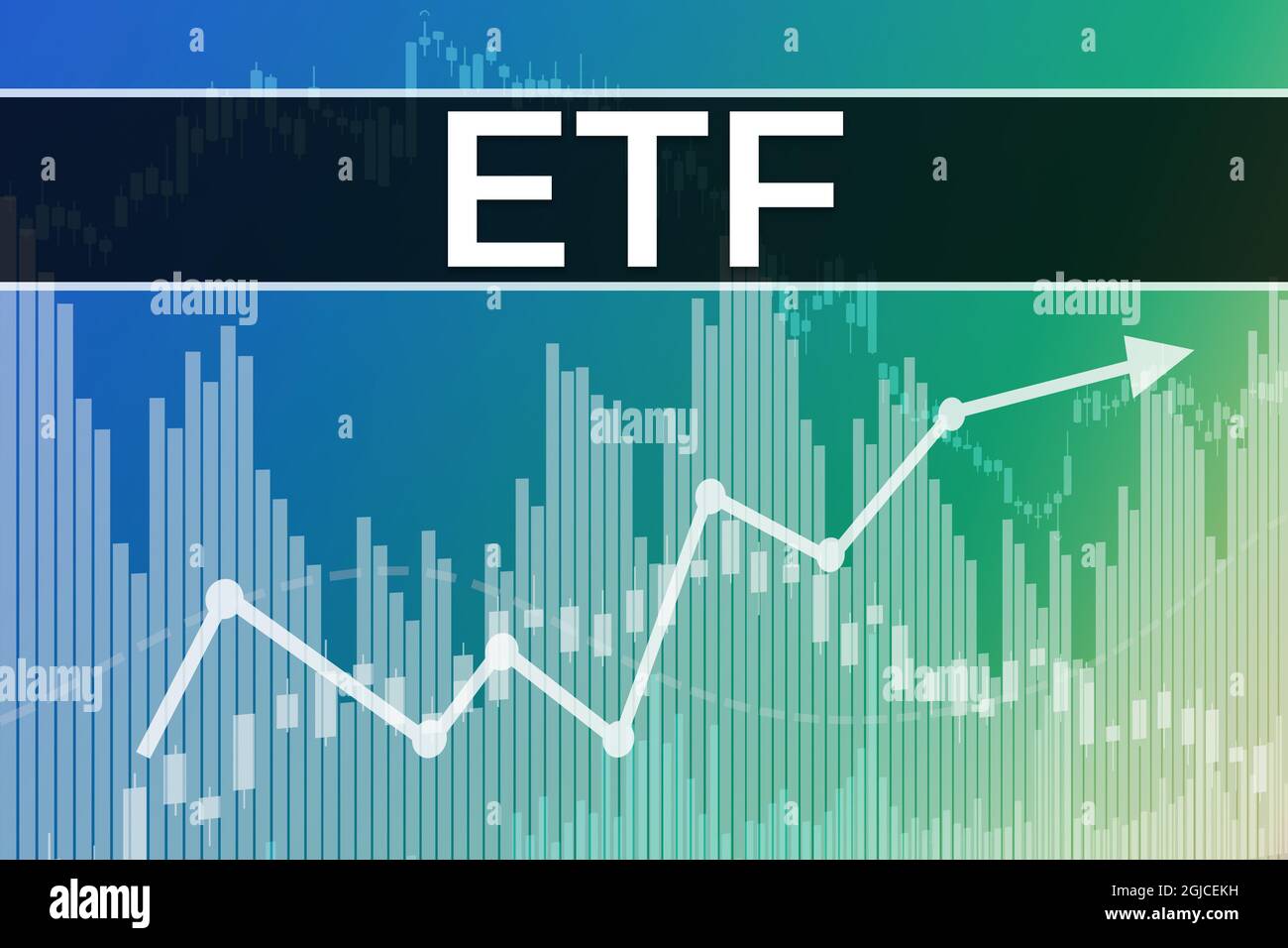 Price change on trading ETF on blue and green finance background from ...