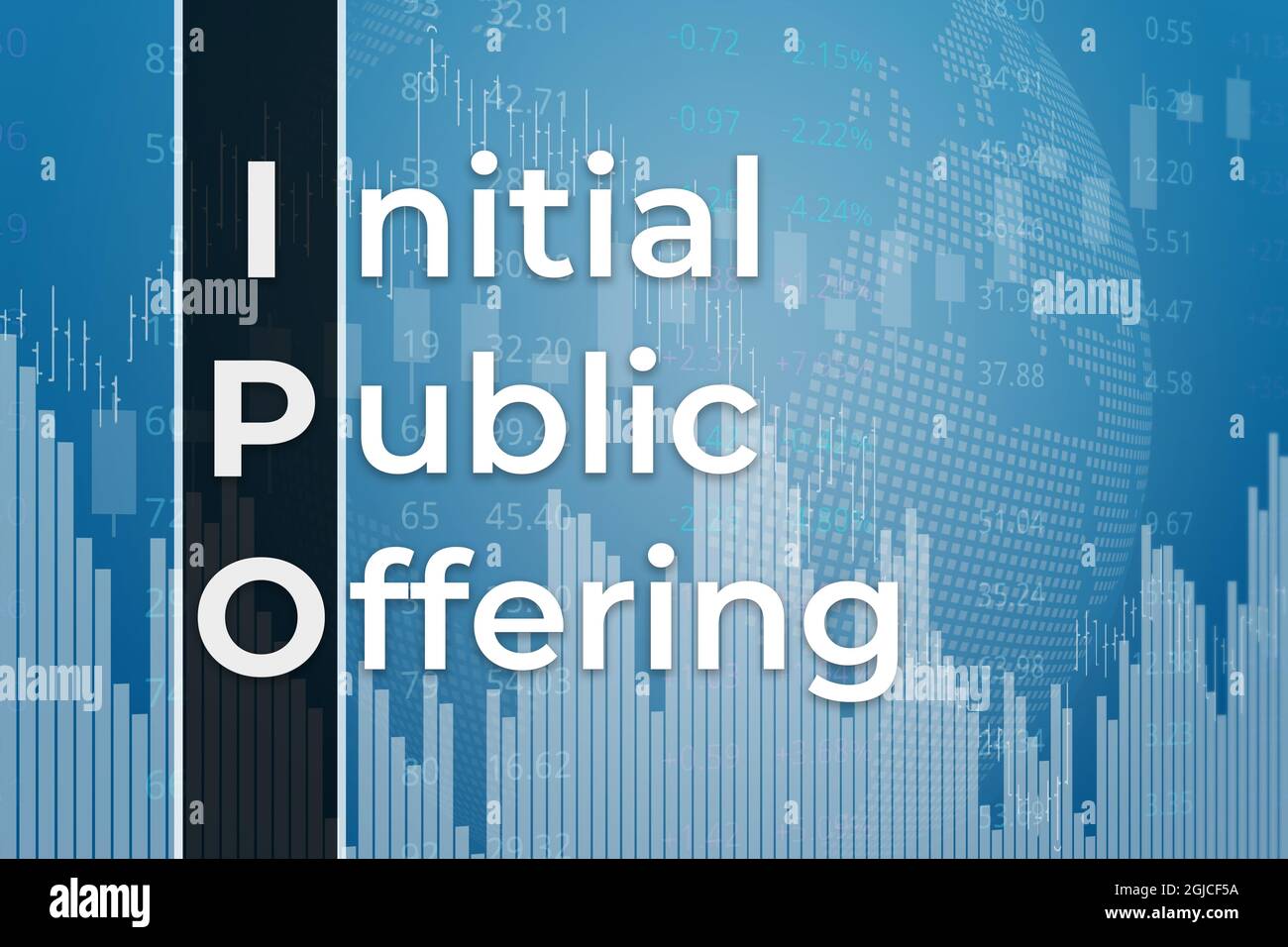 IPO (Initial Public Offering) on blue finance background from graphs ...