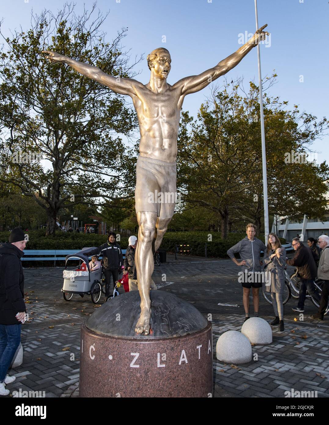 A 2,7m bronze statue of Swedish soccer star Zlatan Ibrahimovic seen ...