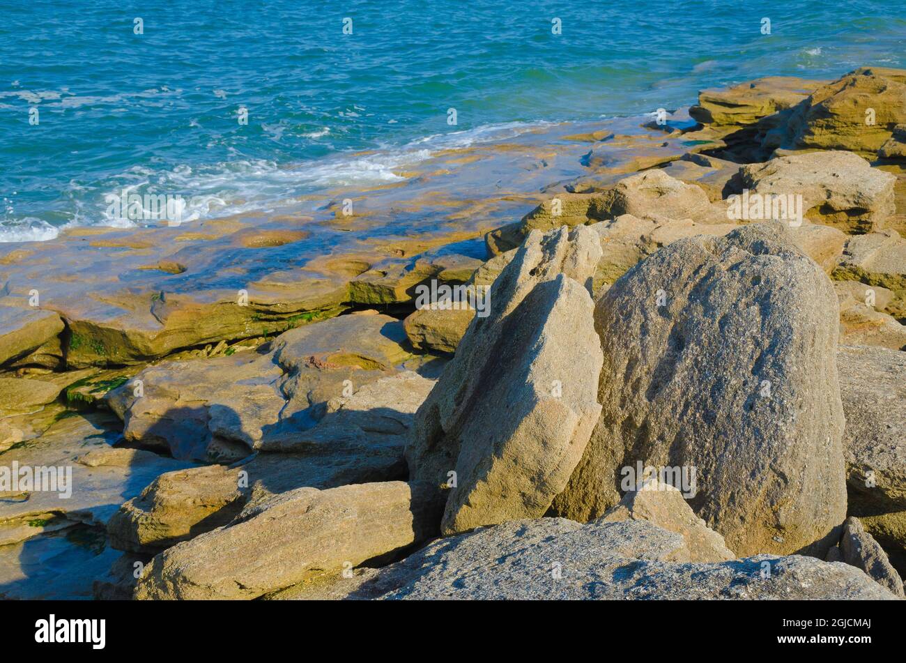 USA, Florida. Coquina rock formations on Atlantic Ocean beach Stock ...