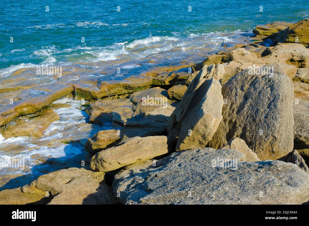 USA, Florida. Coquina rock formations on Atlantic Ocean beach Stock ...