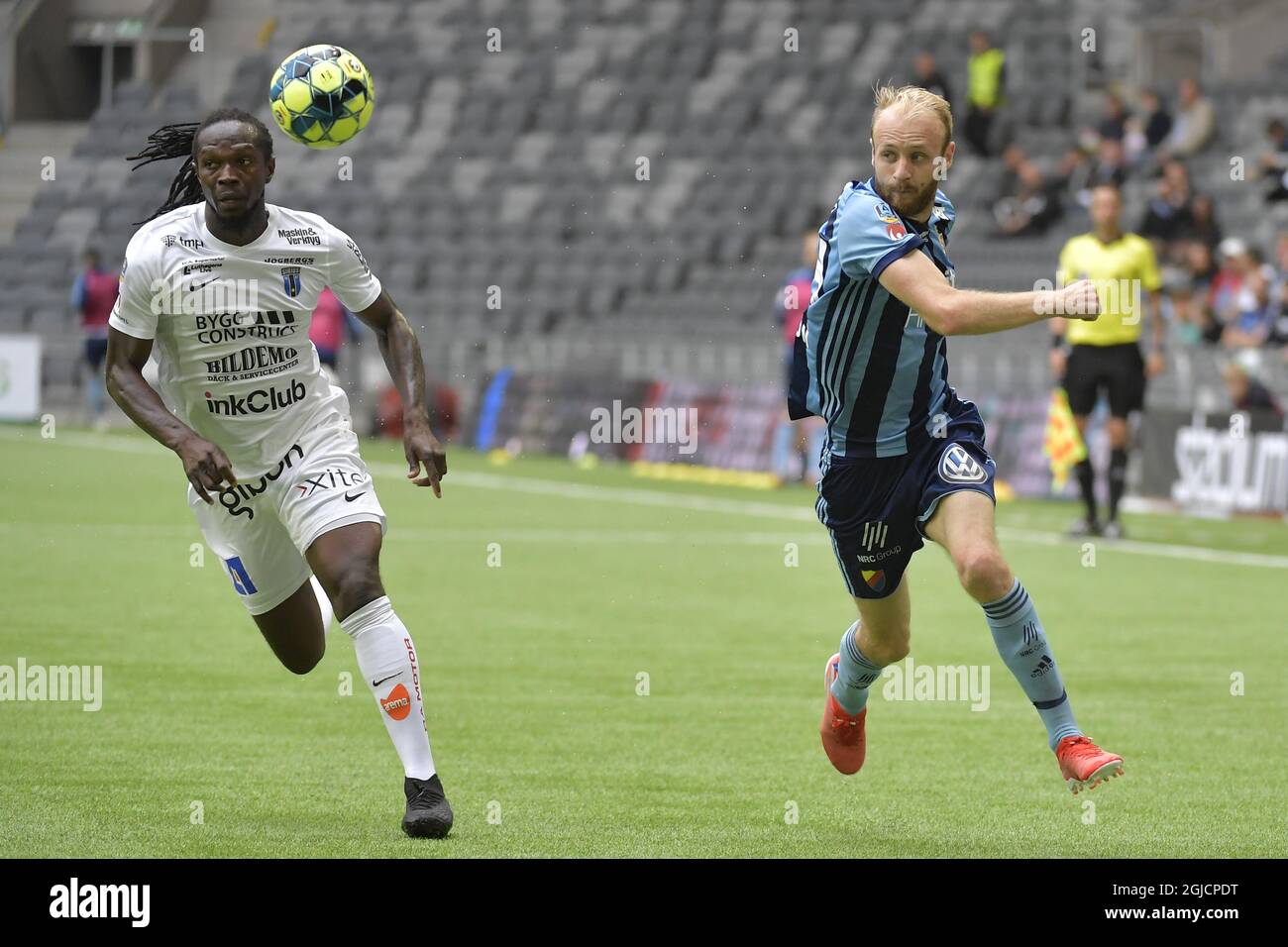 STOCKHOLM 20190810 Djurgarden's Curtis Edwards (R) and Sirius' Kebba ...