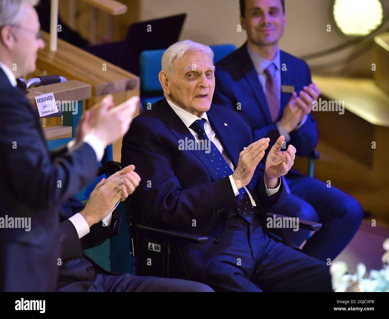 Chemistry Laureate John B Goodenough joins the applauds after his Nobel ...