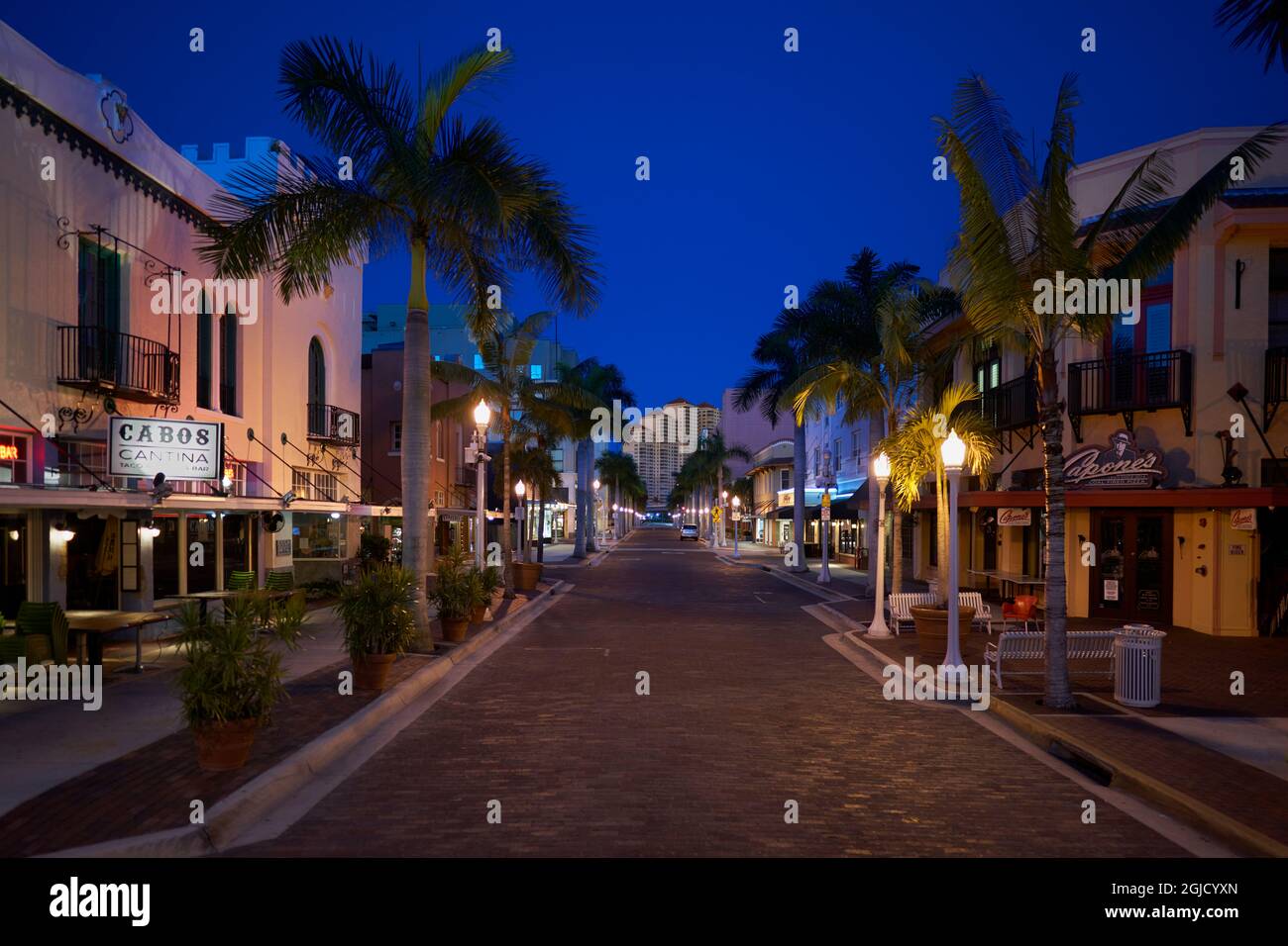 USA, Florida, Downtown Fort Myers at Sunrise. Fort Myers is a gateway ...
