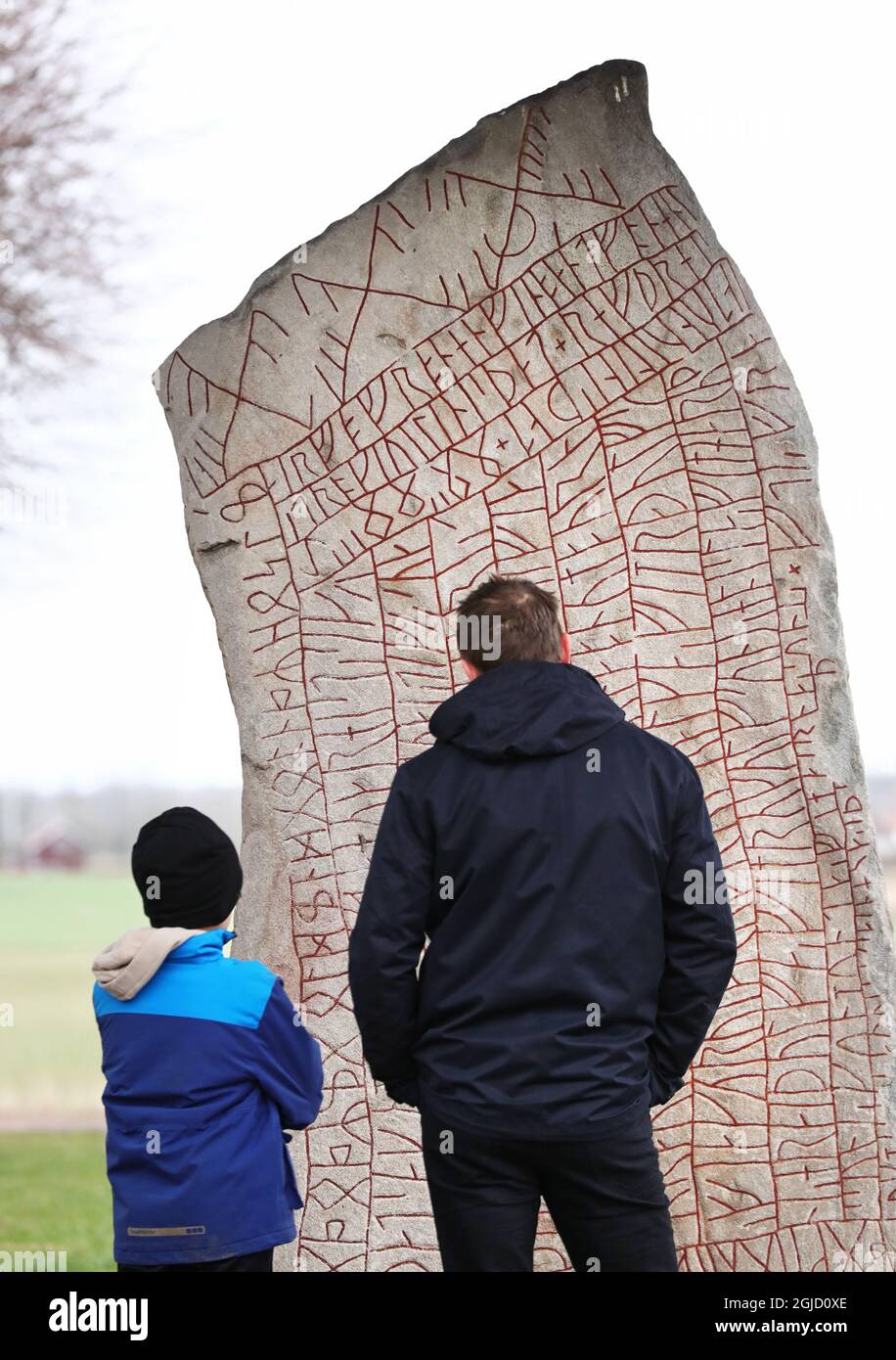 A father and a son look at the Viking-era Rok runestone near the Lake ...