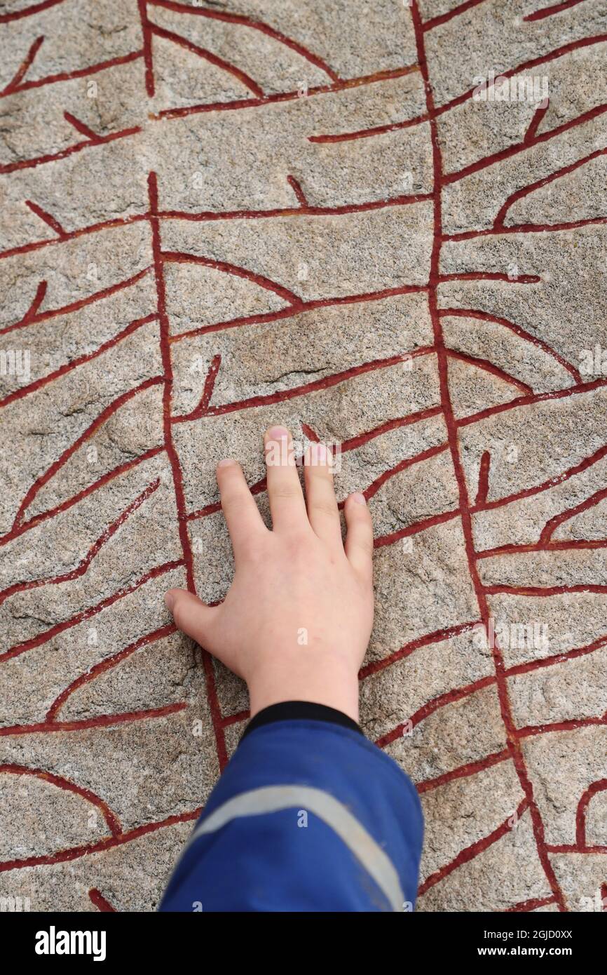 A boy touches the Viking-era Rok runestone near the Lake Vattern and ...
