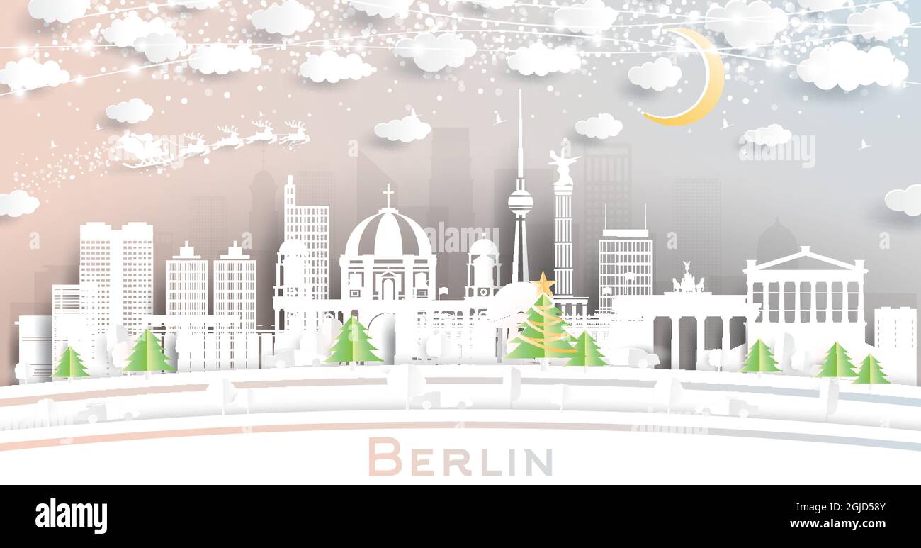 Berlin Germany City Skyline in Paper Cut Style with Snowflakes, Moon ...