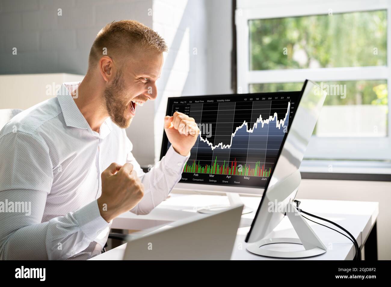 Excited Stock Market Broker Watching Screens And Trading Stock Photo ...