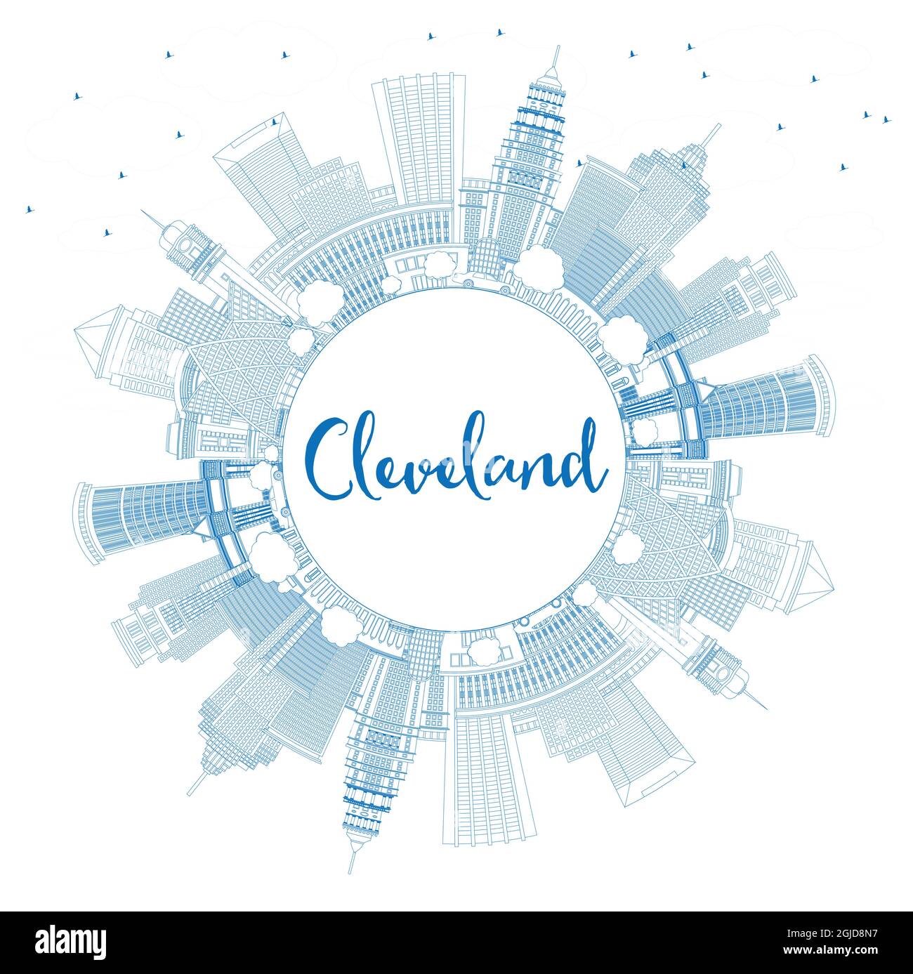 Outline Cleveland Ohio City Skyline with Blue Buildings and Copy Space ...