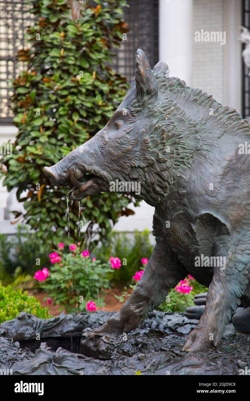 USA, Georgia, Savannah, Razorback fountain in the garden of the Keller ...
