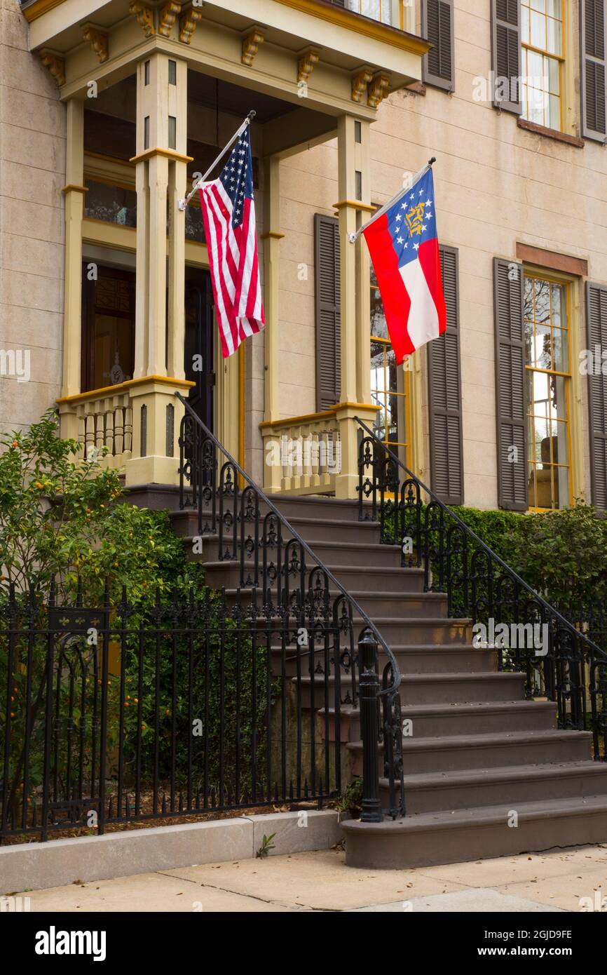 USA, Georgia, Savannah. House in Historic District displaying US flag ...