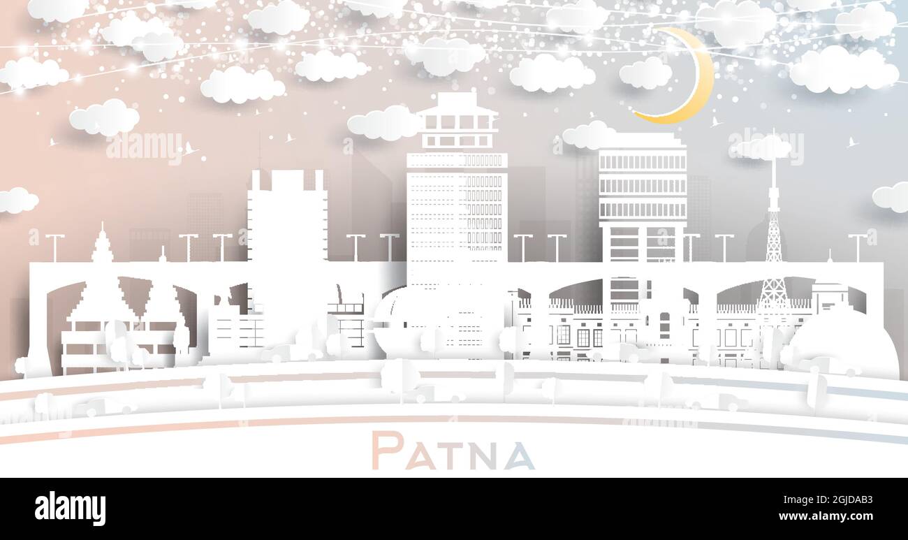 Patna India City Skyline in Paper Cut Style with White Buildings, Moon ...