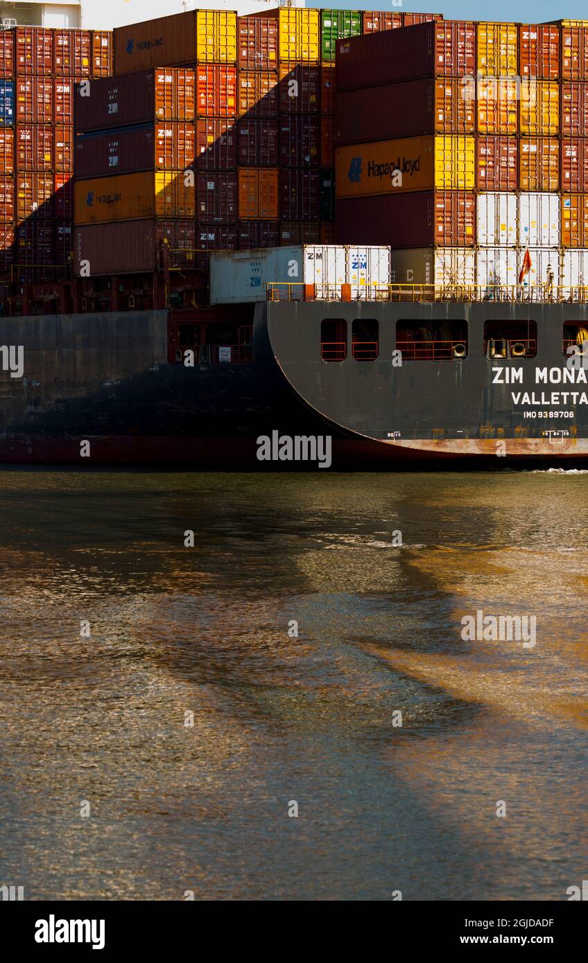 USA, Georgia, Savannah. Cargo ship entering port of Savannah Stock ...