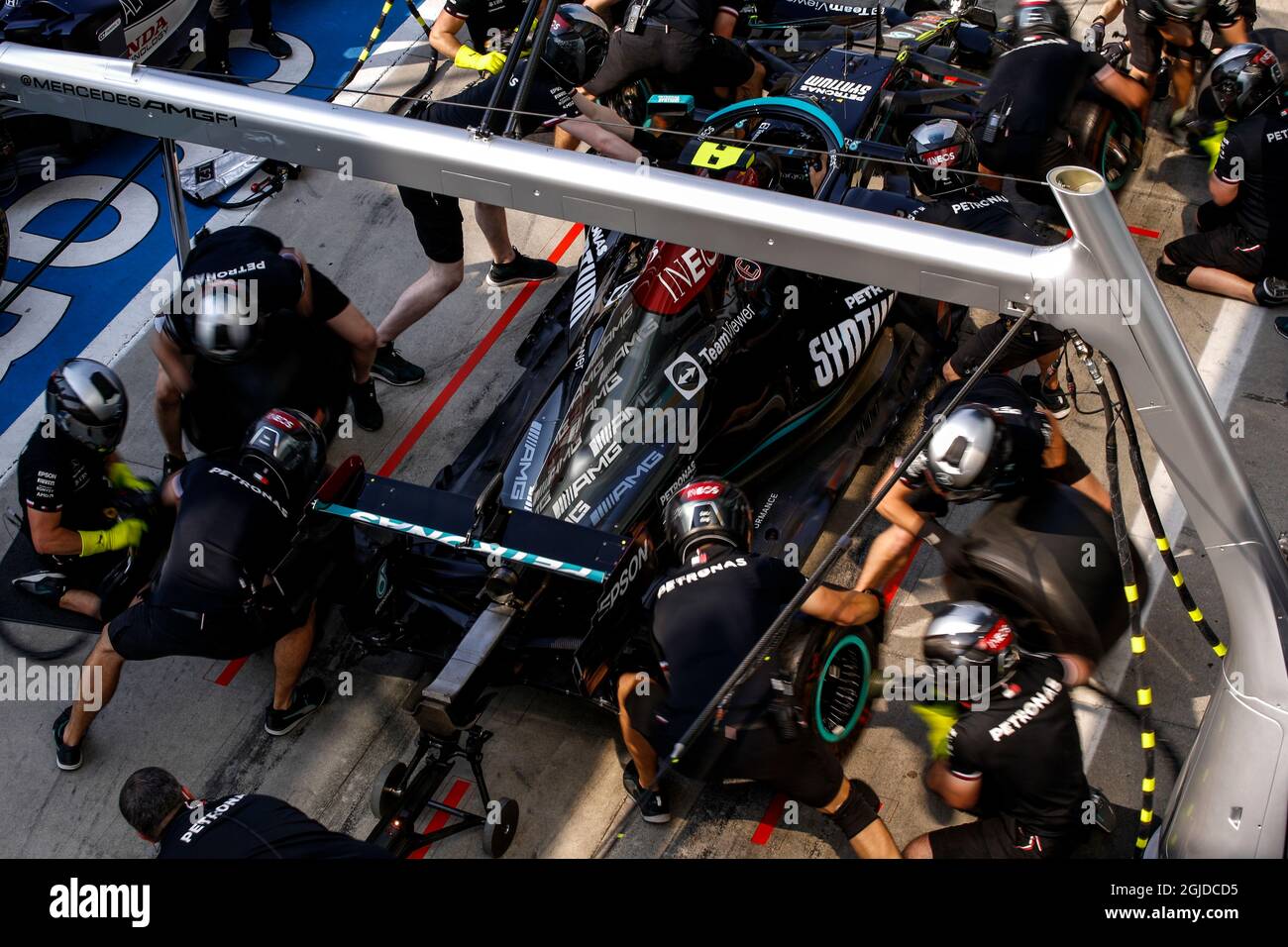 Monza, Italy. 9th Sep, 2021. Mercedes-AMG Petronas F1 Team during pit ...