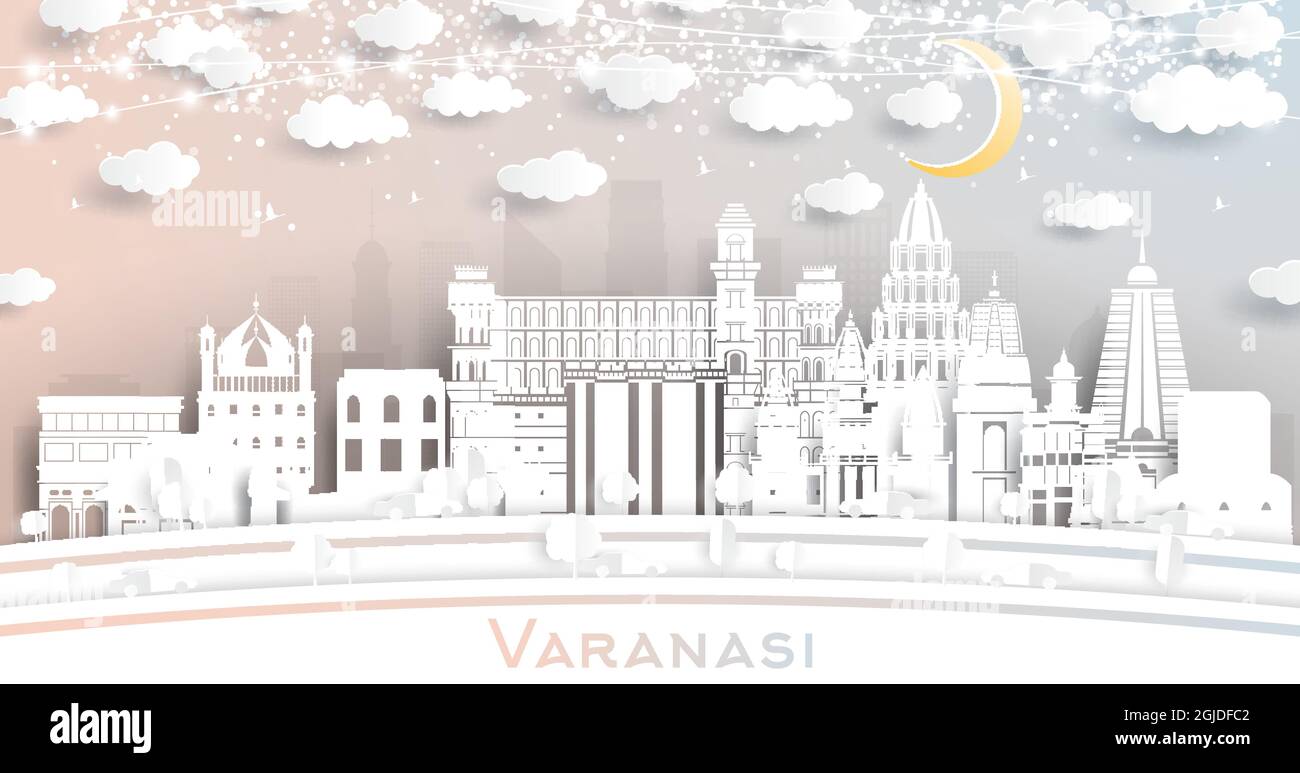 Varanasi India City Skyline in Paper Cut Style with White Buildings ...