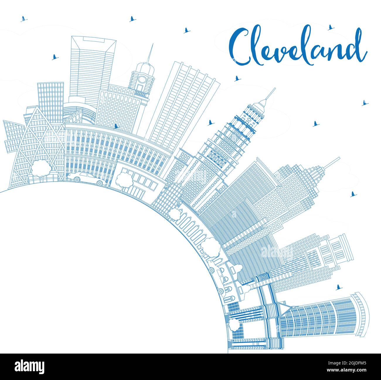 Outline Cleveland Ohio City Skyline with Blue Buildings and Copy Space ...