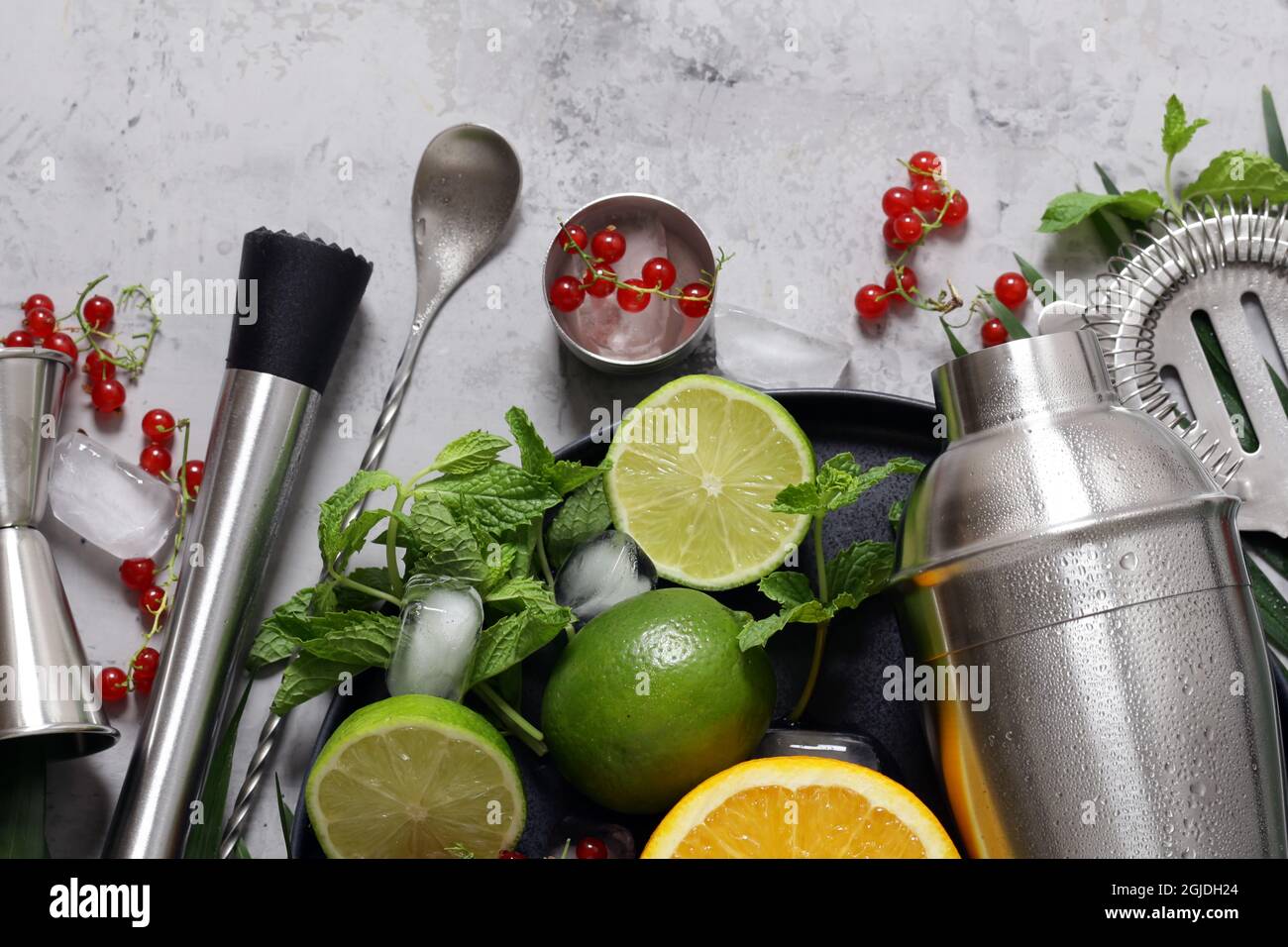 cocktail shaker tools set with berries and fruits Stock Photo - Alamy
