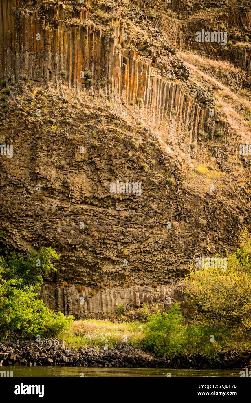 USA, Idaho. Snake River downstream of Hells Canyon, columnar basalt ...