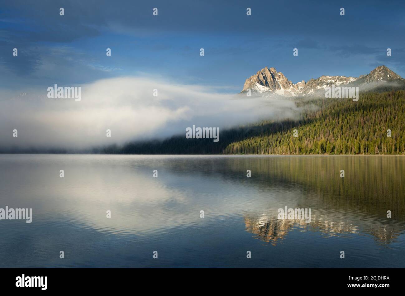 USA, Idaho. Mount Heyburn on a foggy morning at Redfish Lake, Sawtooth ...