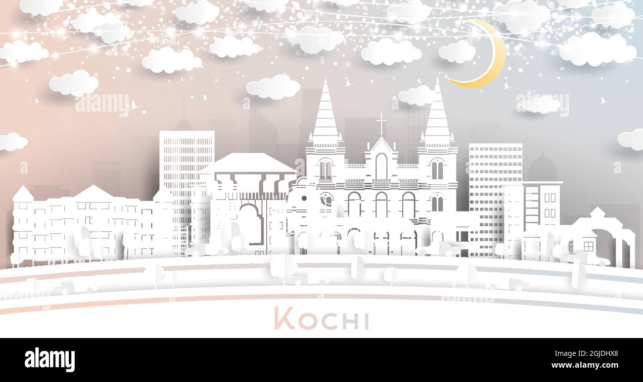 Kochi India City Skyline in Paper Cut Style with White Buildings, Moon ...