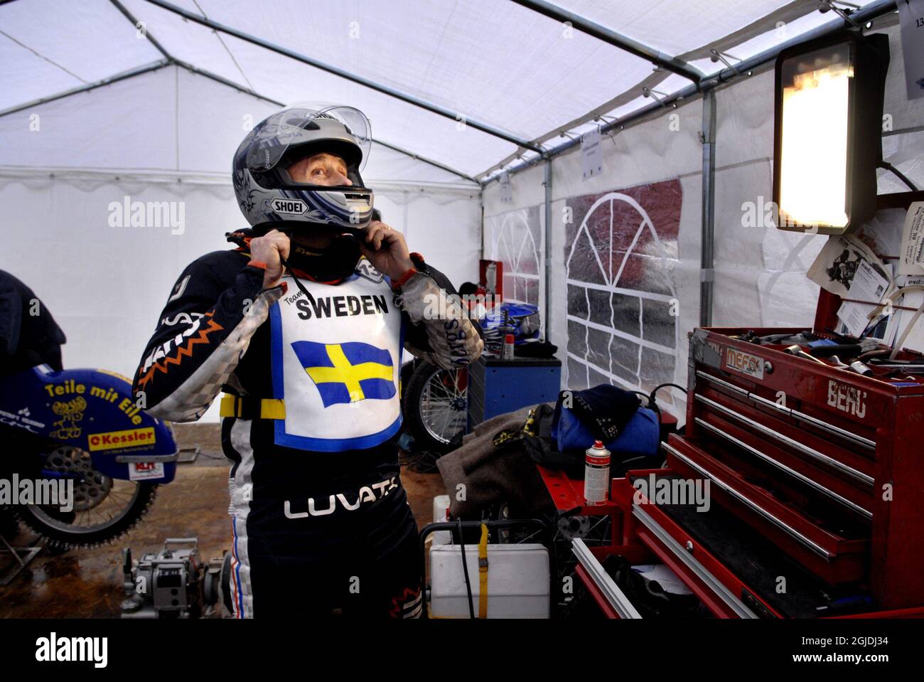 Swedish motorcycle ice racing veteran Per-Olof Serenius runs a training ...