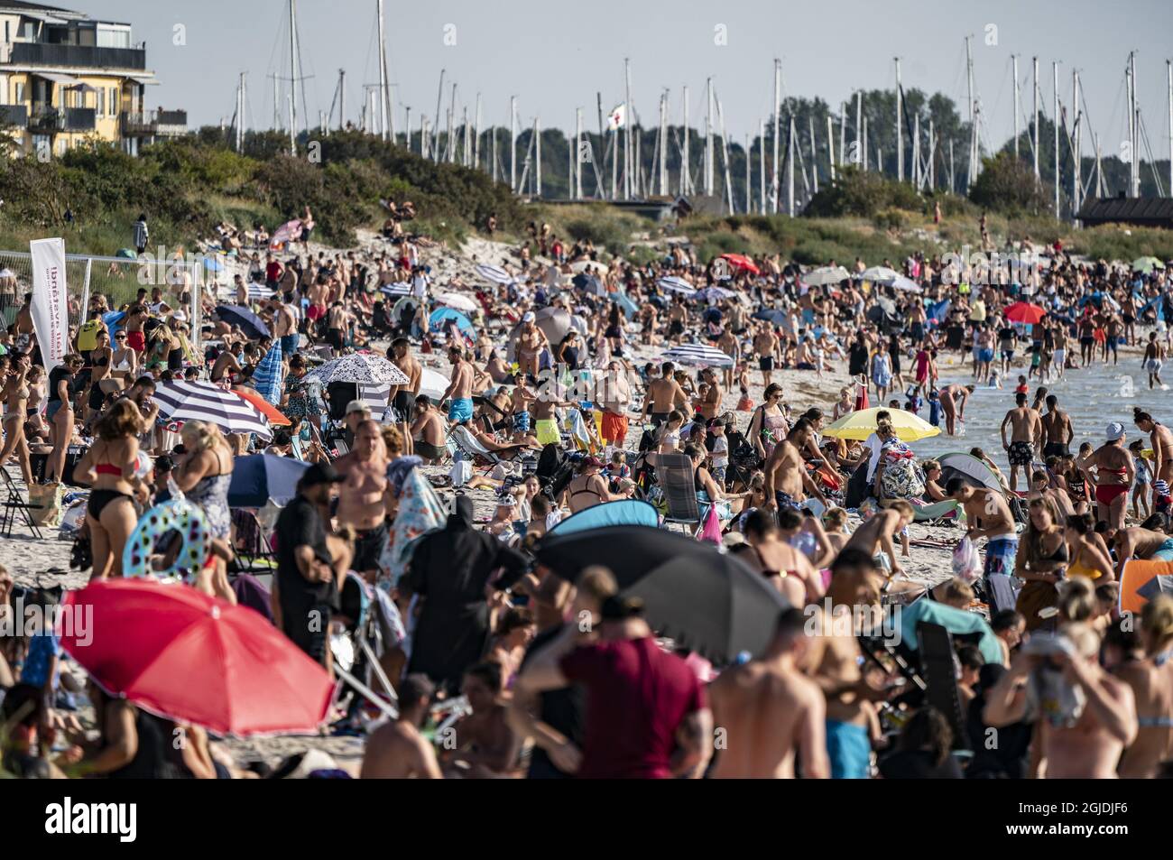 People enjoying the sun and warm weather on a crowded beach in Lomma ...