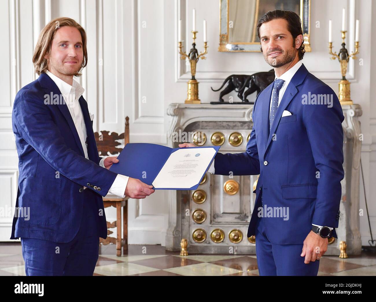 Prince Carl Philip presents this year's The Thinking Hand drawing competition scholarship to ...