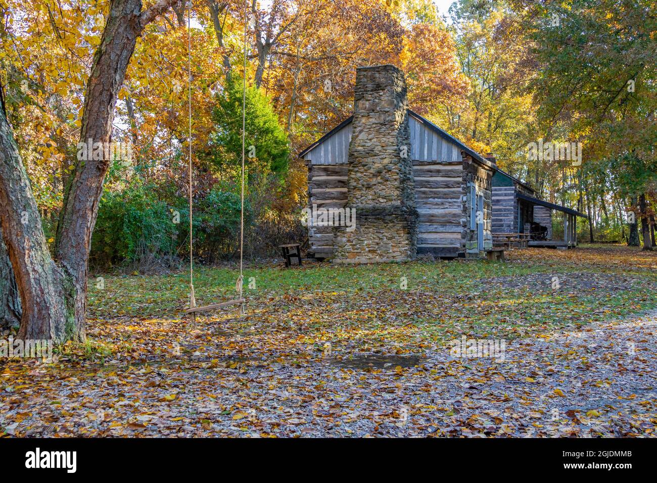 Cabin at Log Cabin Village in fall. Kinmundy, Illinois, USA Stock Photo ...