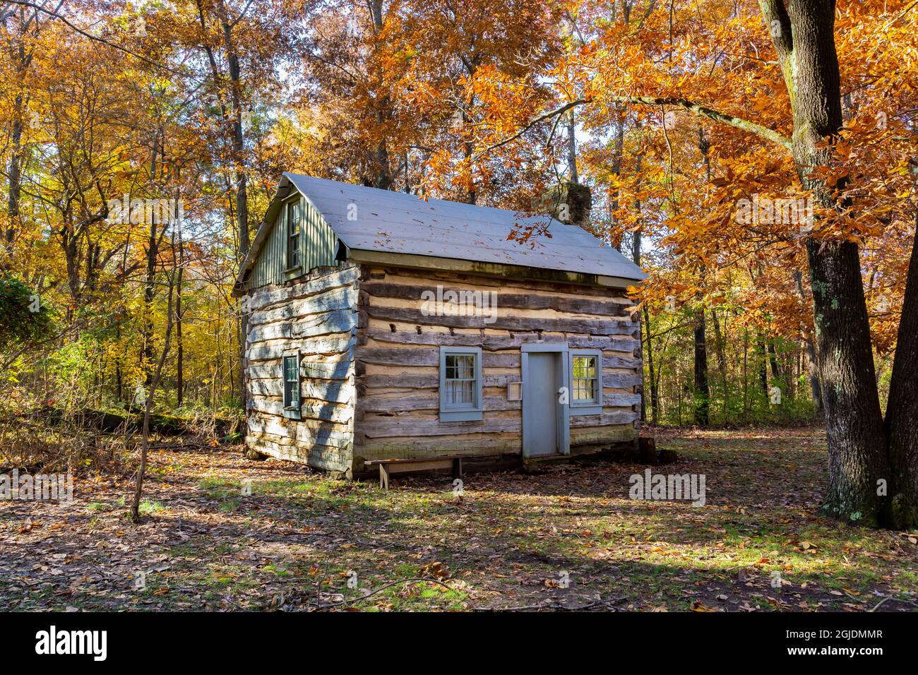 Cabin at Log Cabin Village in fall. Kinmundy, Illinois, USA Stock Photo ...