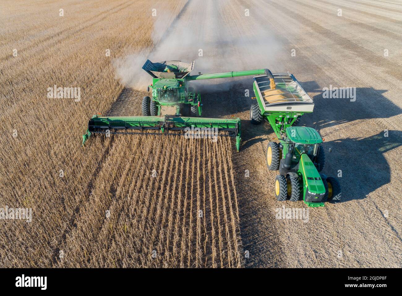 Aerial view of combine harvesting soybeans and unloading into grain ...