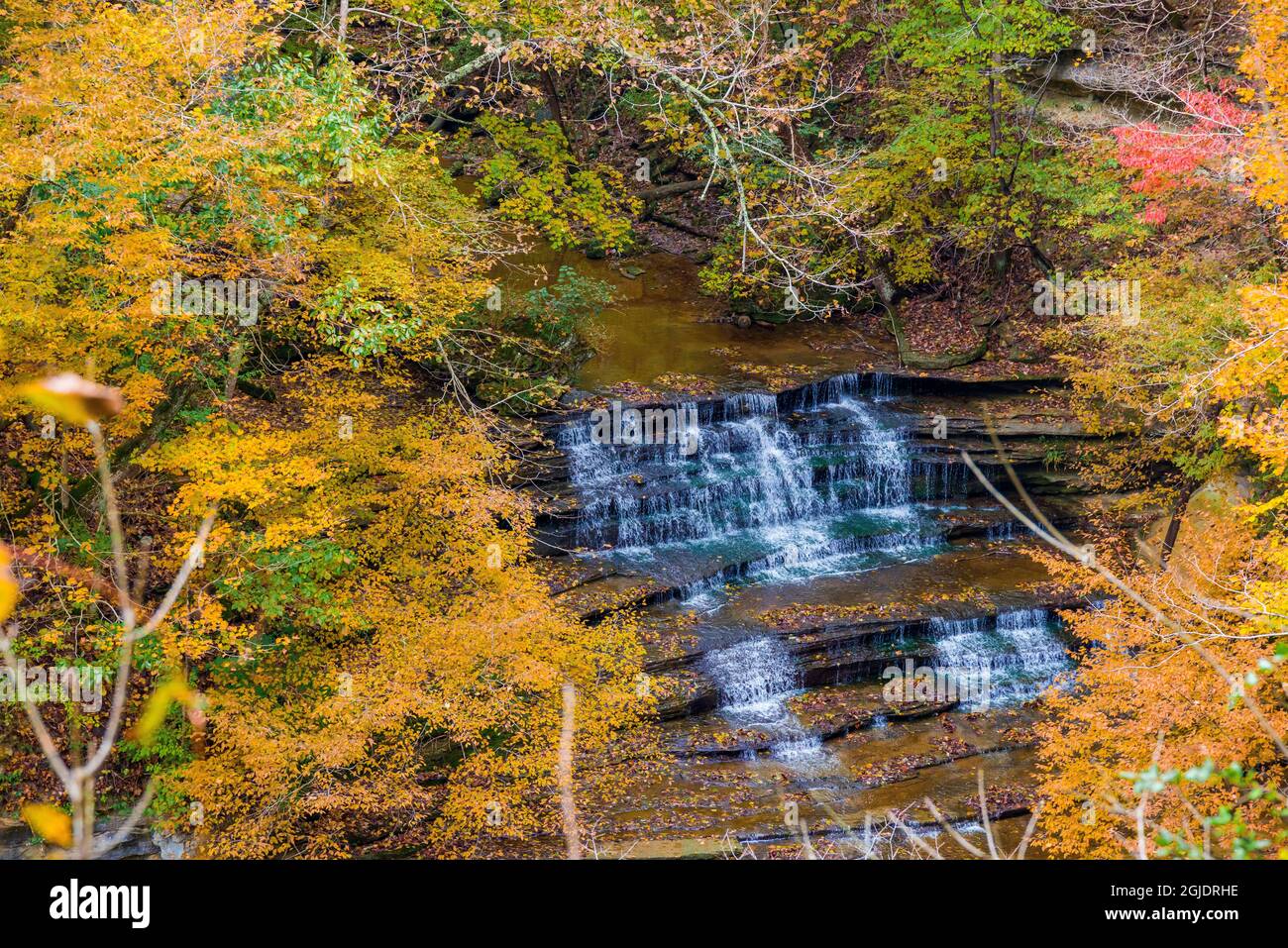 Fall Foliage Over Waterfall at Clifty Creek Park, Indiana Stock Photo ...