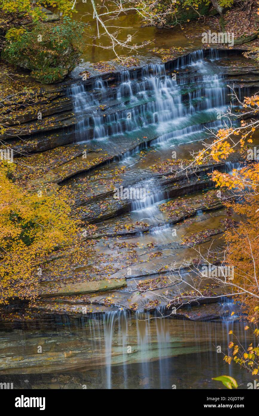 Fall Foliage Over Waterfall in Clifty Creek Park, Southern Indiana ...