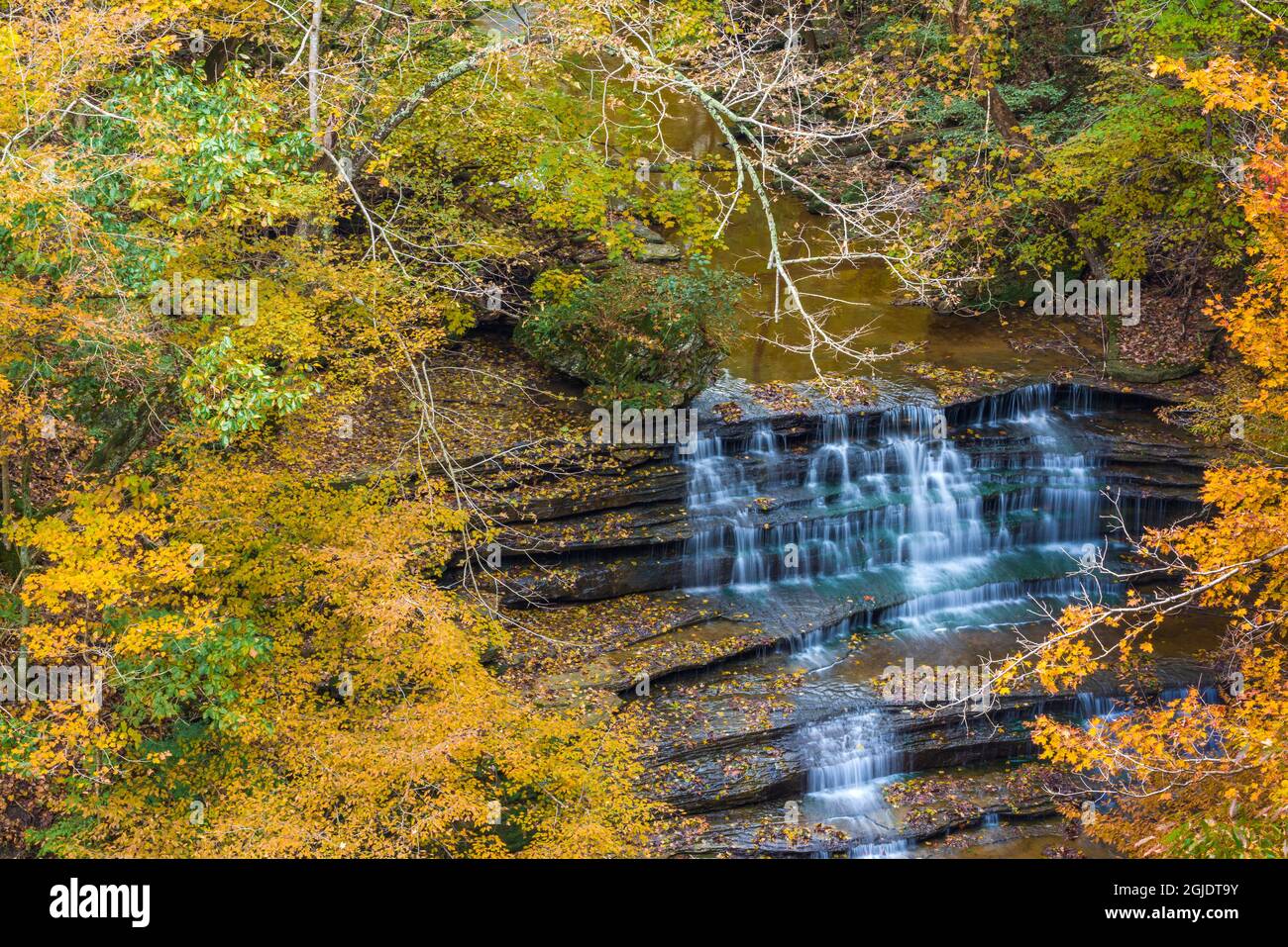 Fall Foliage Over Waterfall in Clifty Creek Park, Southern Indiana ...