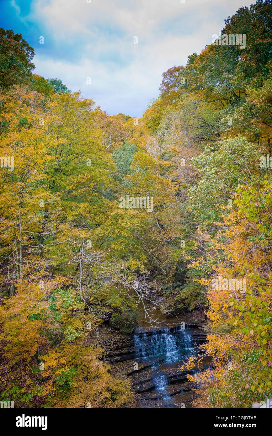 Fall Foliage Over Waterfall in Clifty Creek Park, Southern Indiana ...