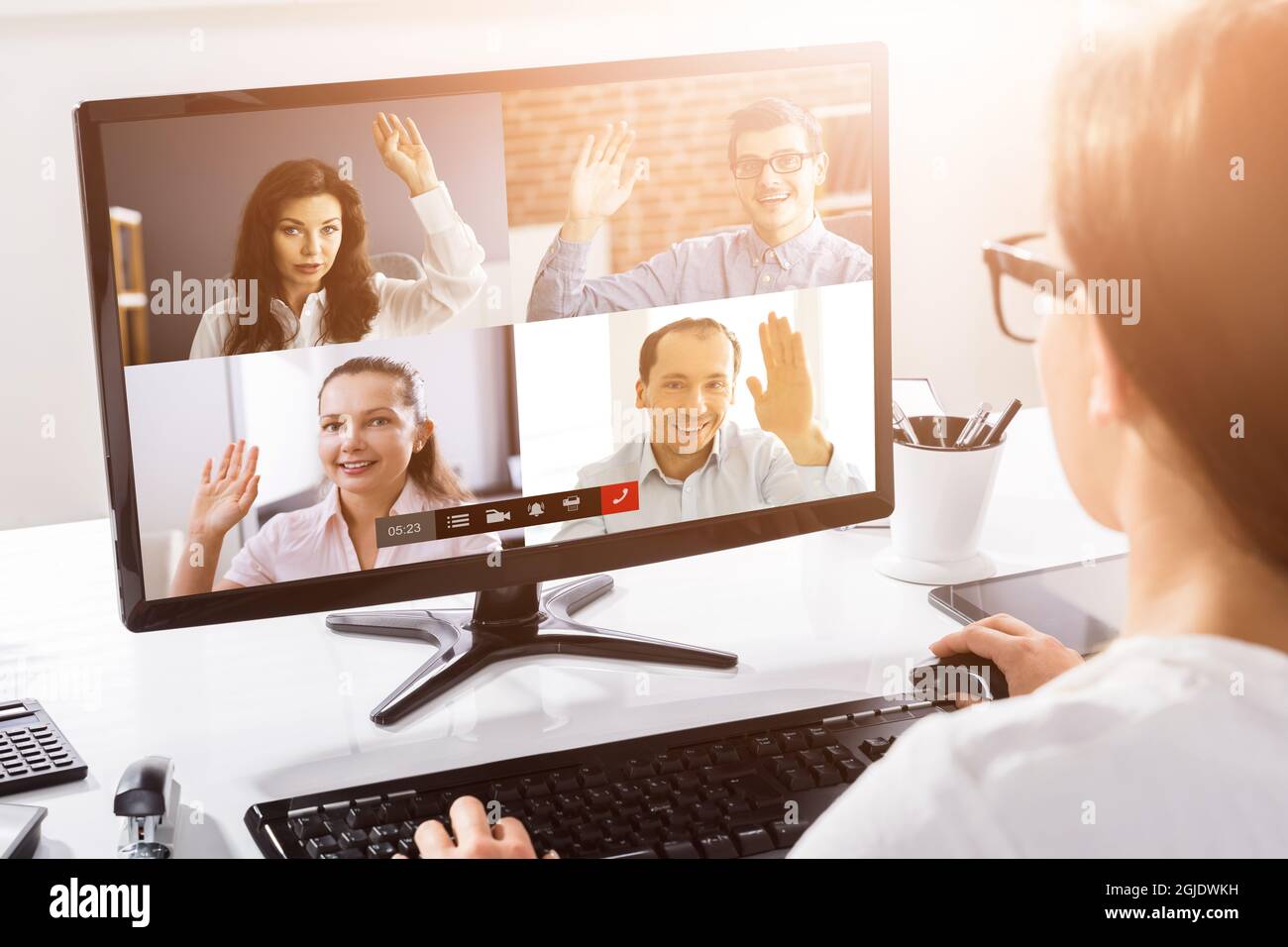 Virtual Meeting Conference Raise Hand And Ask Question Stock Photo - Alamy