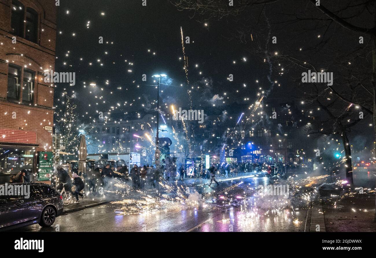 New Year's Eve celebrations with fireworks at Mollevangstorget in Malmo ...