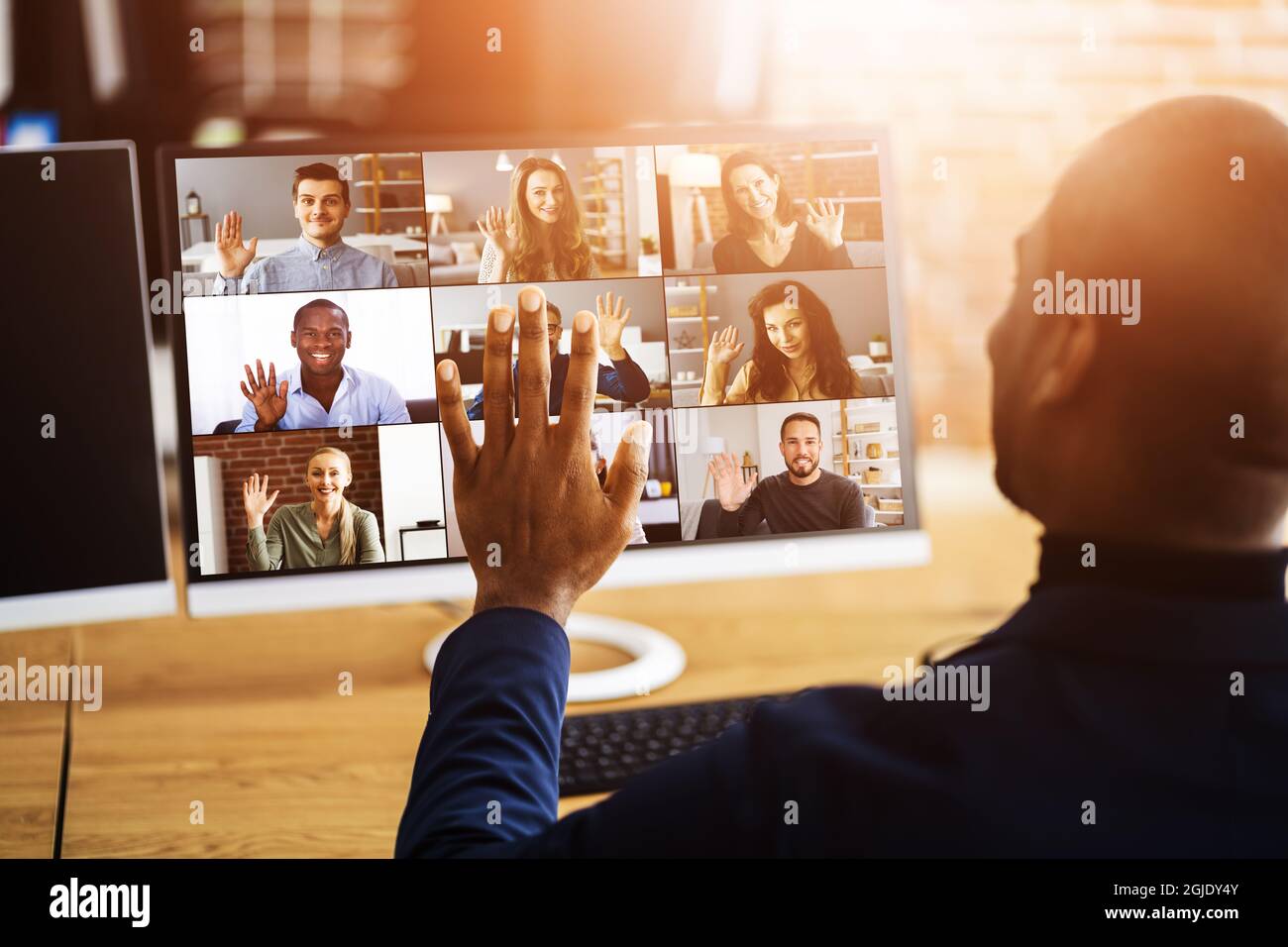 Online Video Conferencing Call Waving Hand Group Chat Screen Stock ...