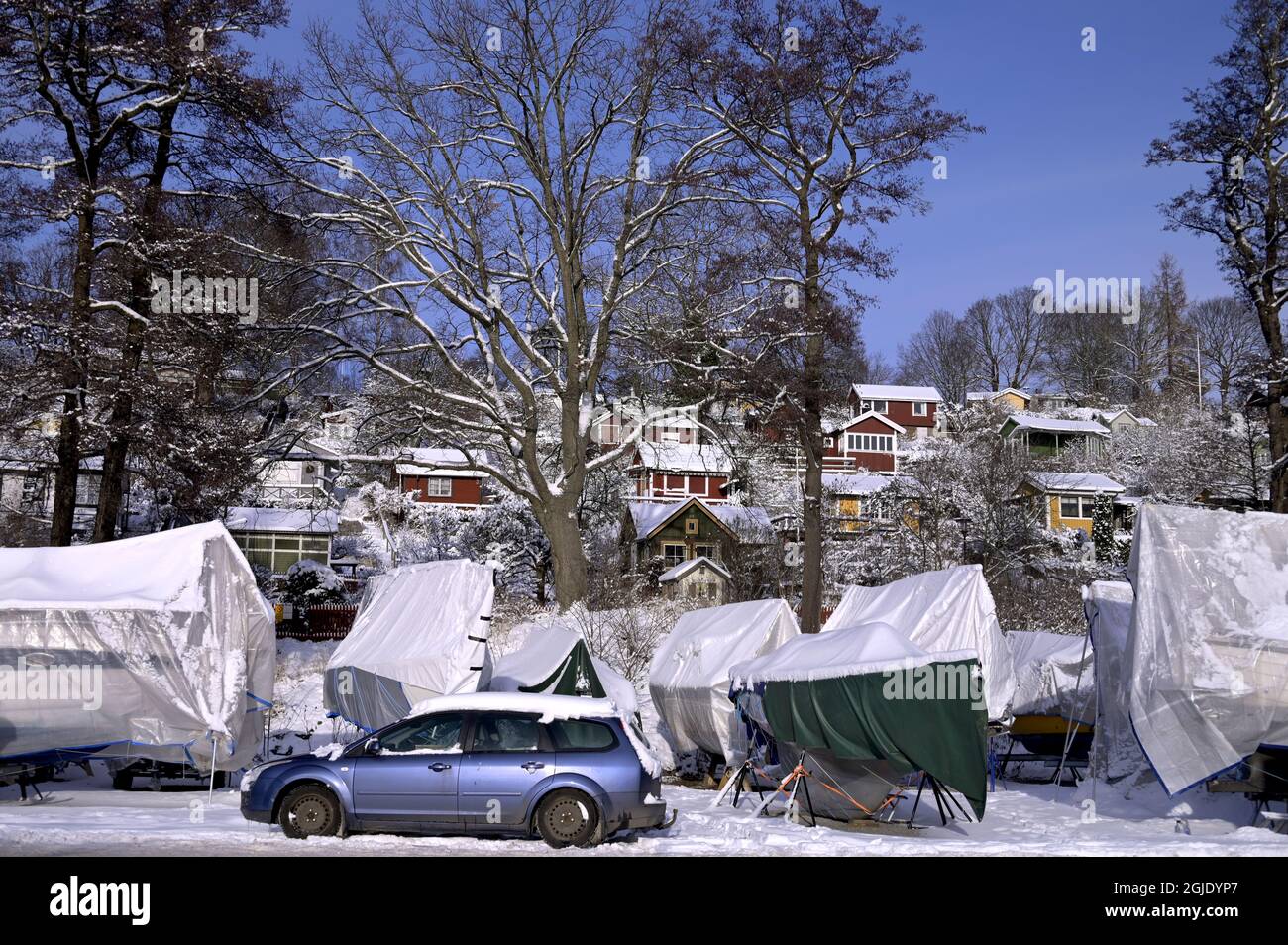 Allotments and boat storage in Sodermalm in Stockholm, Sweden, after a ...